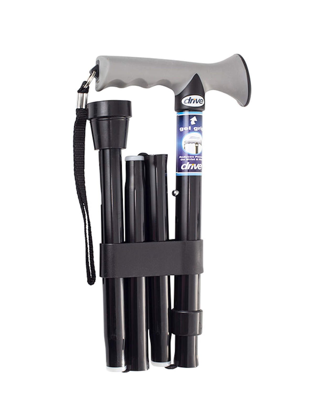 Folding Walking Stick Black with Gel Handle - Comfortable Grip