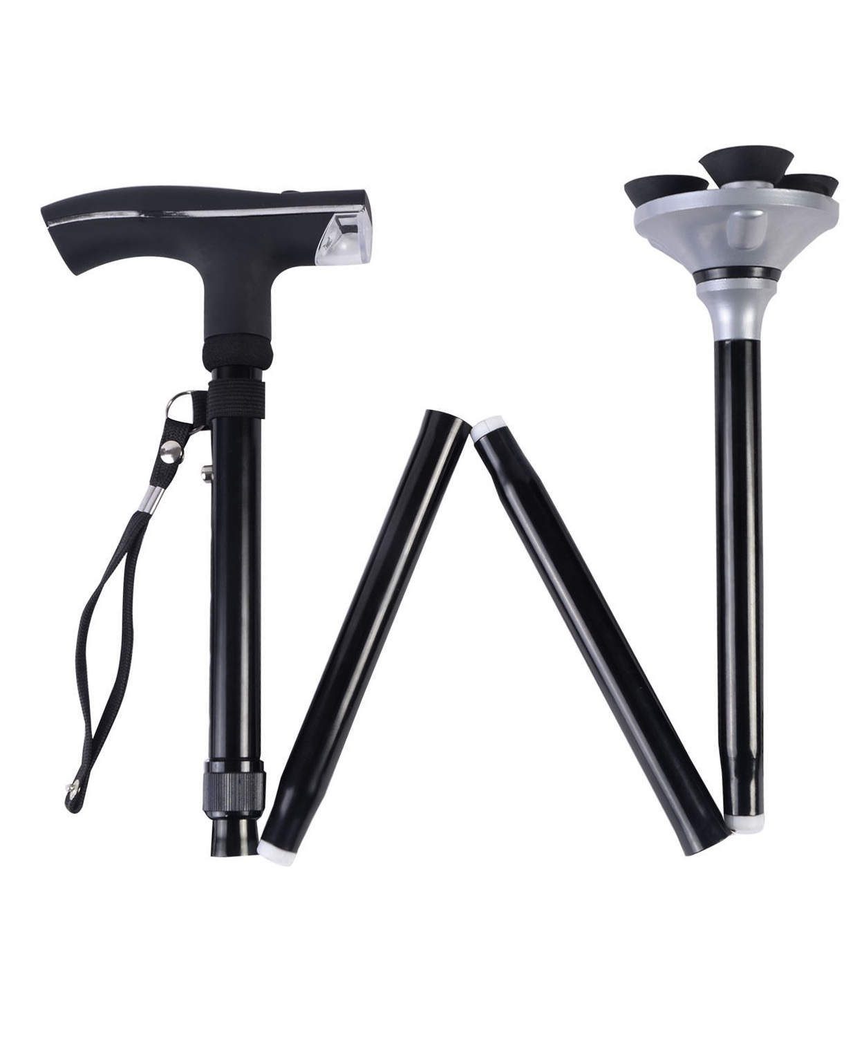 Folding Walking Stick with Torch | Height Adjustable with pivoting base ...